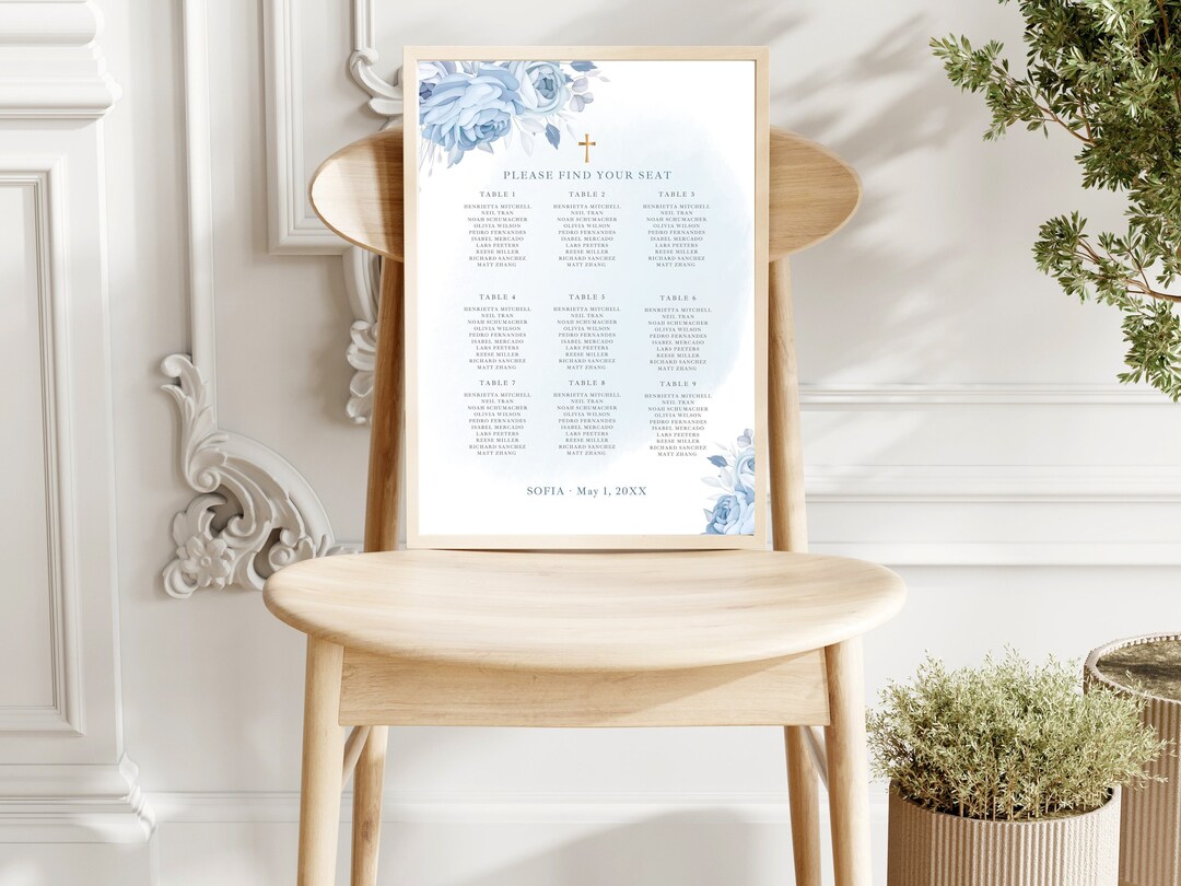 Dusty Blue First Holy Communion Seating Chart Template, Editable Seat ...