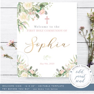 Ivory Pink Communion Welcome Sign, First Holy Communion Welcome Poster ...