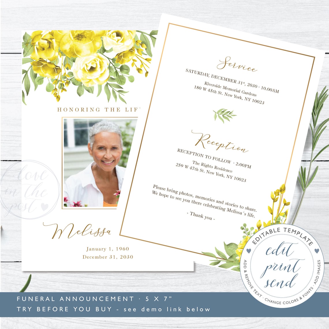 Yellow Roses Memorial Announcement Template Celebration of | Etsy