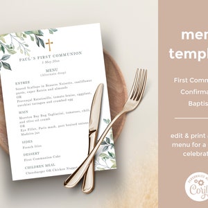 Greenery Menu Card Template for First Communion With for Boy, Editable ...