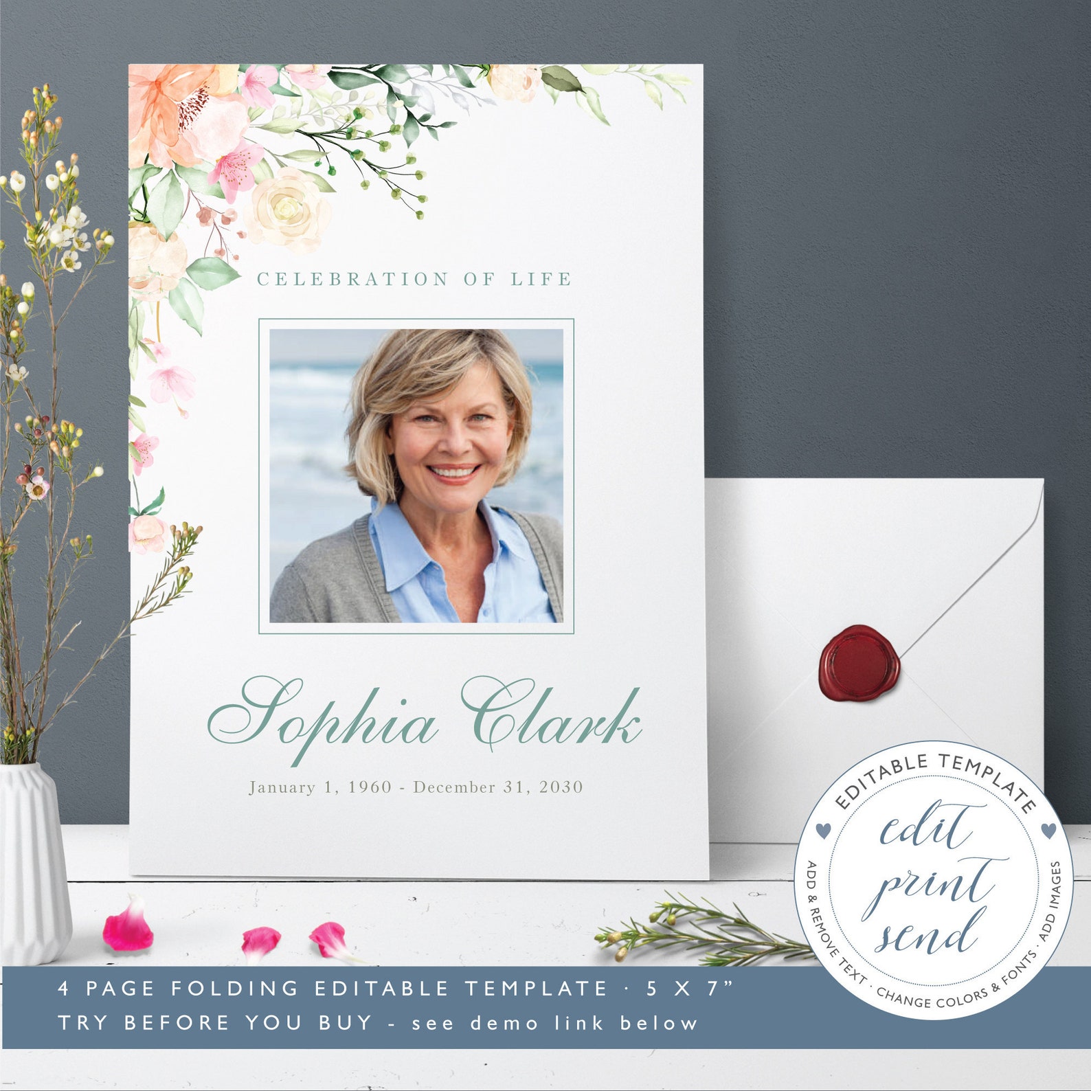 Watercolor Floral Funeral Program, Celebration of Life Floral Program ...