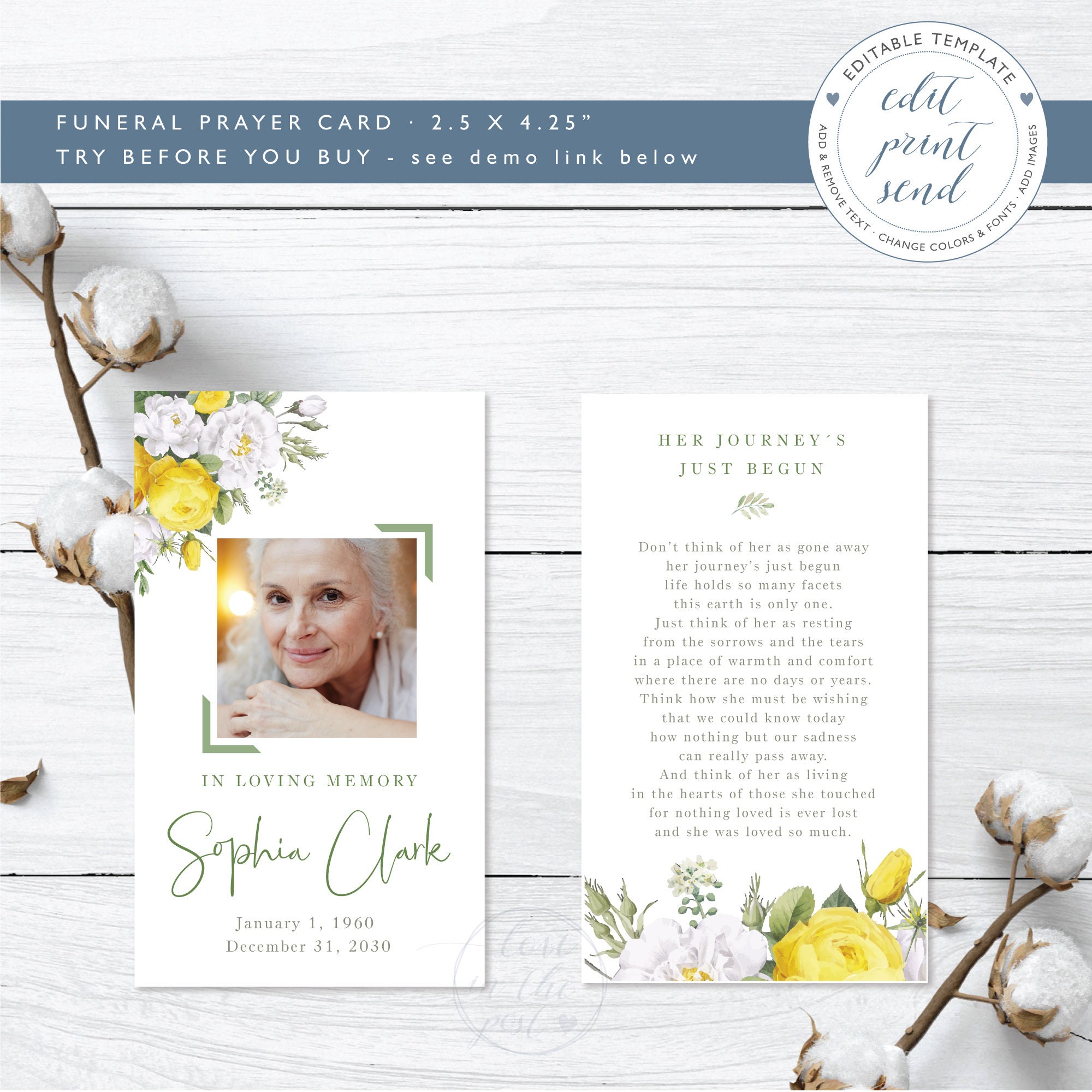 Yellow Roses Memorial Card for Remembrance Funeral Prayer - Etsy