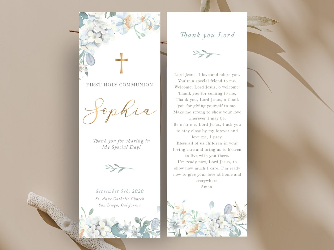 First Communion Girl Prayer Card, Delicate Communion Bookmark ...
