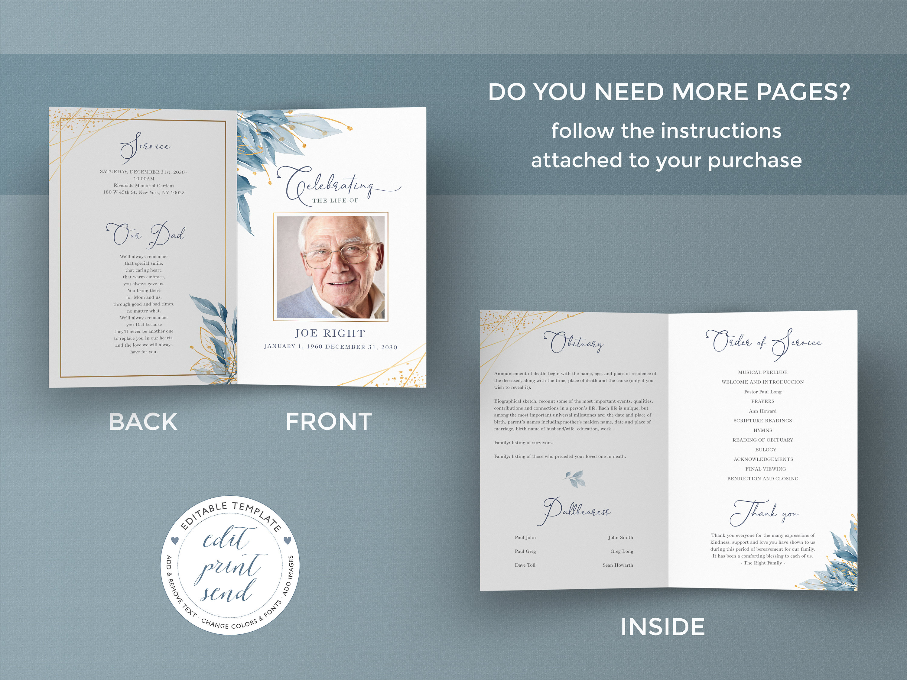 Funeral Program Template for Man, Blue and Gold Memorial Program ...