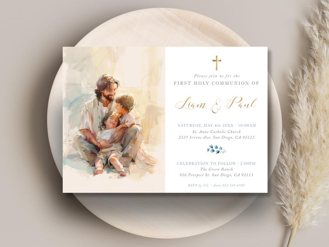First Holy Communion for Twin Boys Invitation, EDITABLE TEMPLATE Invite ...