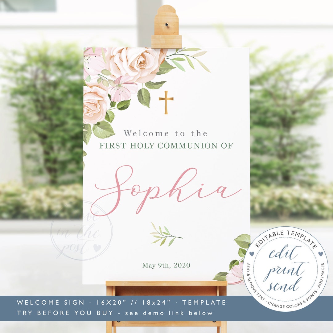 Pink Roses Communion Welcome Sign First Holy Communion - Etsy