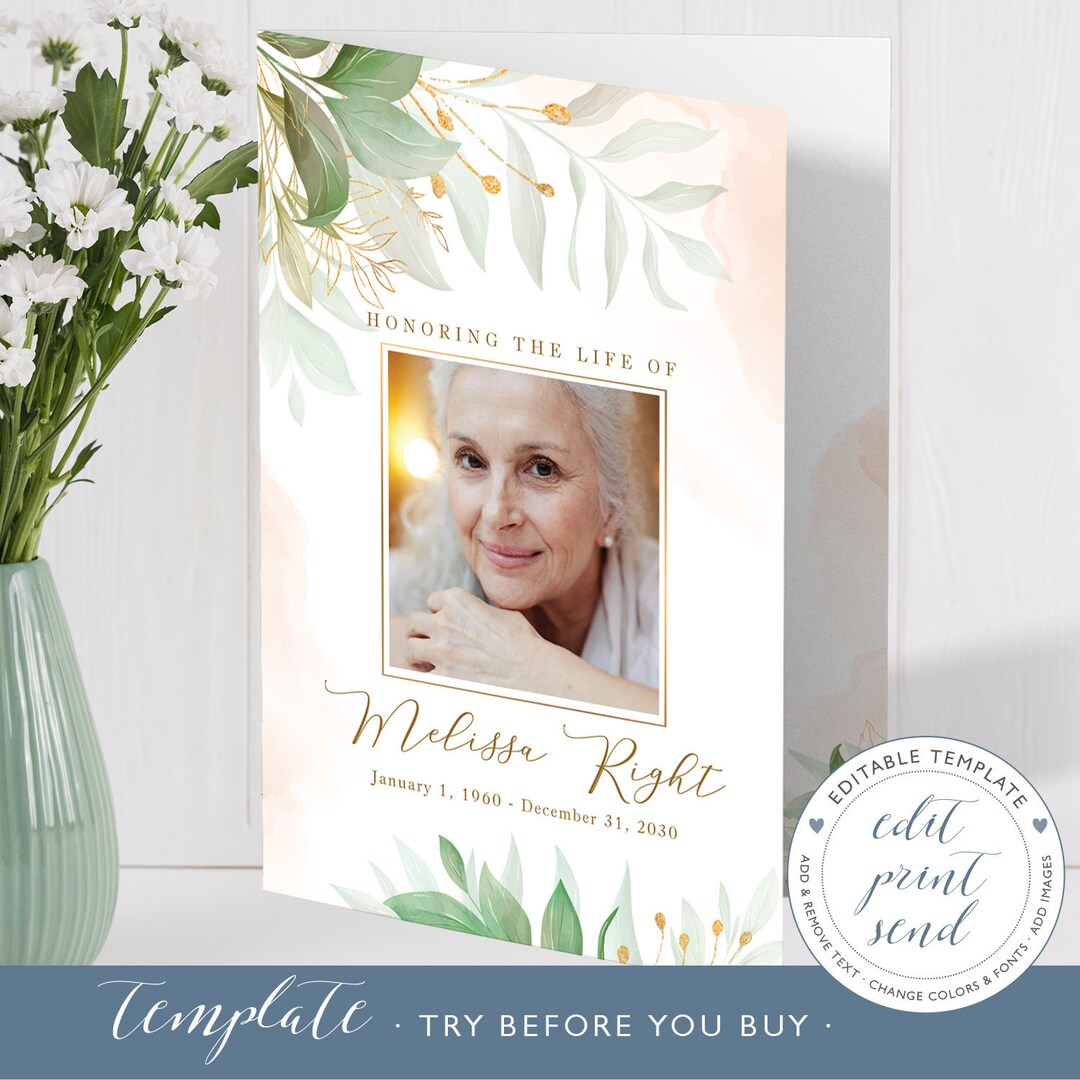Greenery Gold Funeral Program Template for Woman, Celebration of Life ...