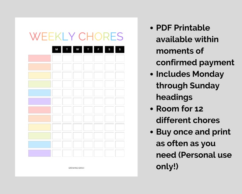 WEEKLY CHORES PRINTABLE, Printable Toddler Preschool Learning Tool ...