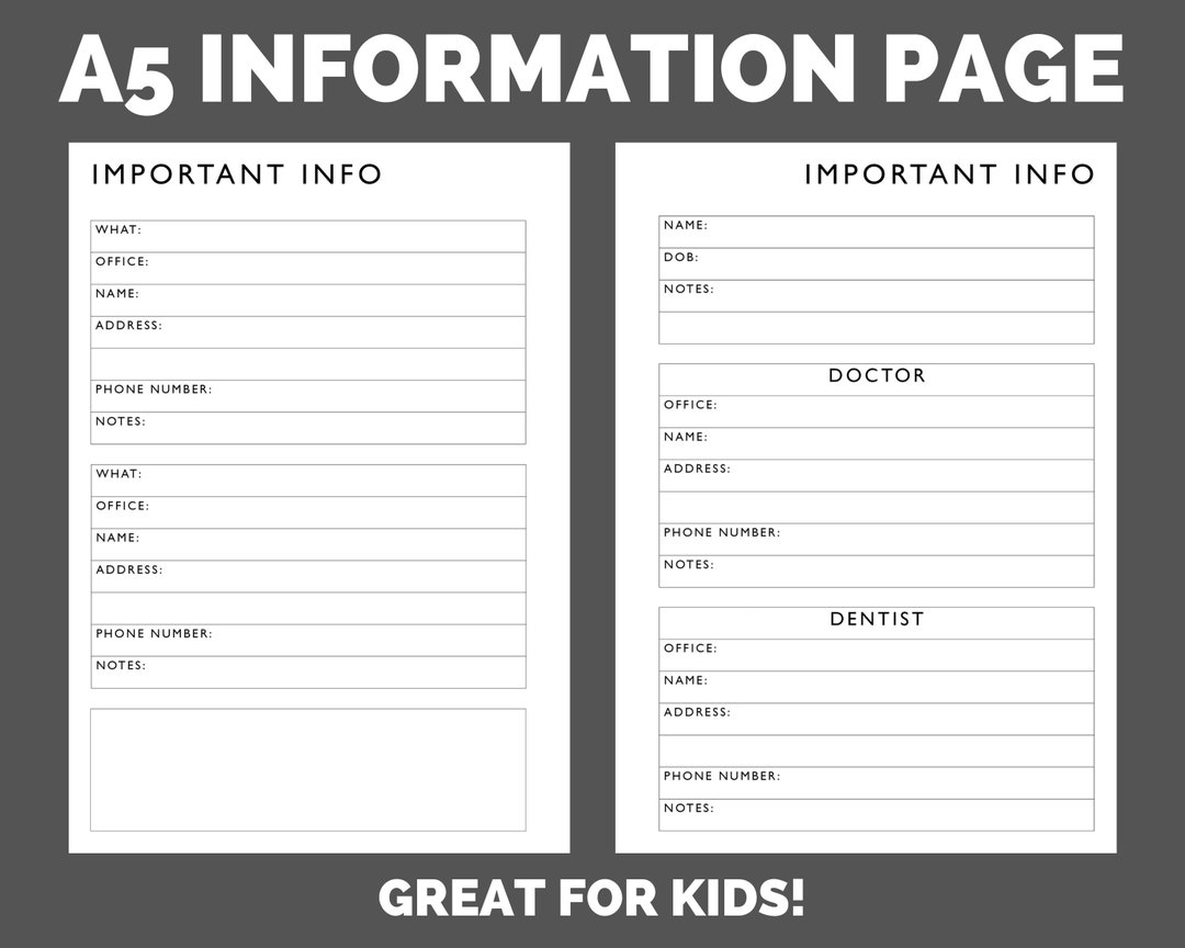 A5 INFORMATION TRACKER Printable PDF Planner Insert Kids, Elderly, in ...