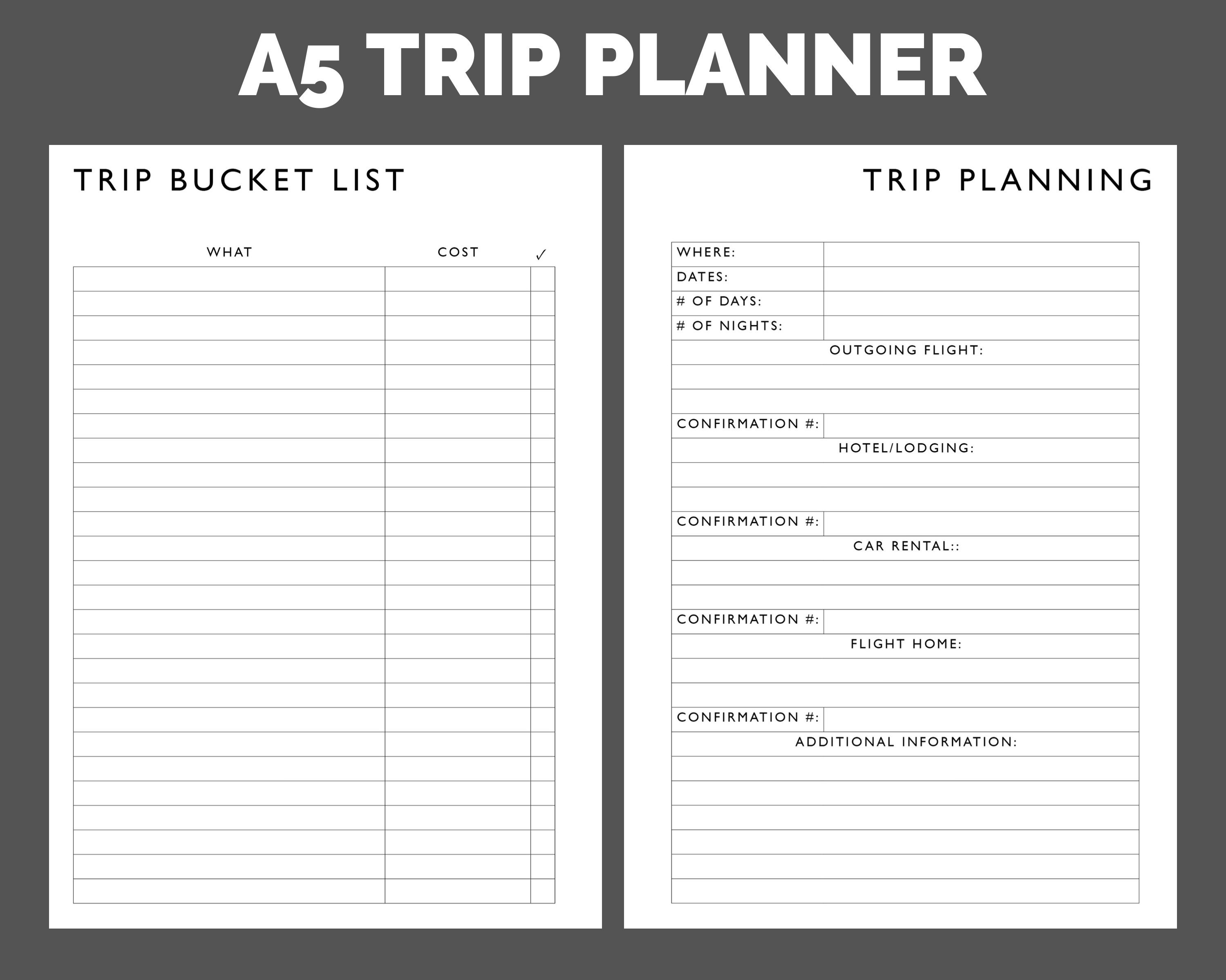 A5 TRIP VACATION TRAVEL Tracker Printable Pdf Planner Insert Flight ...
