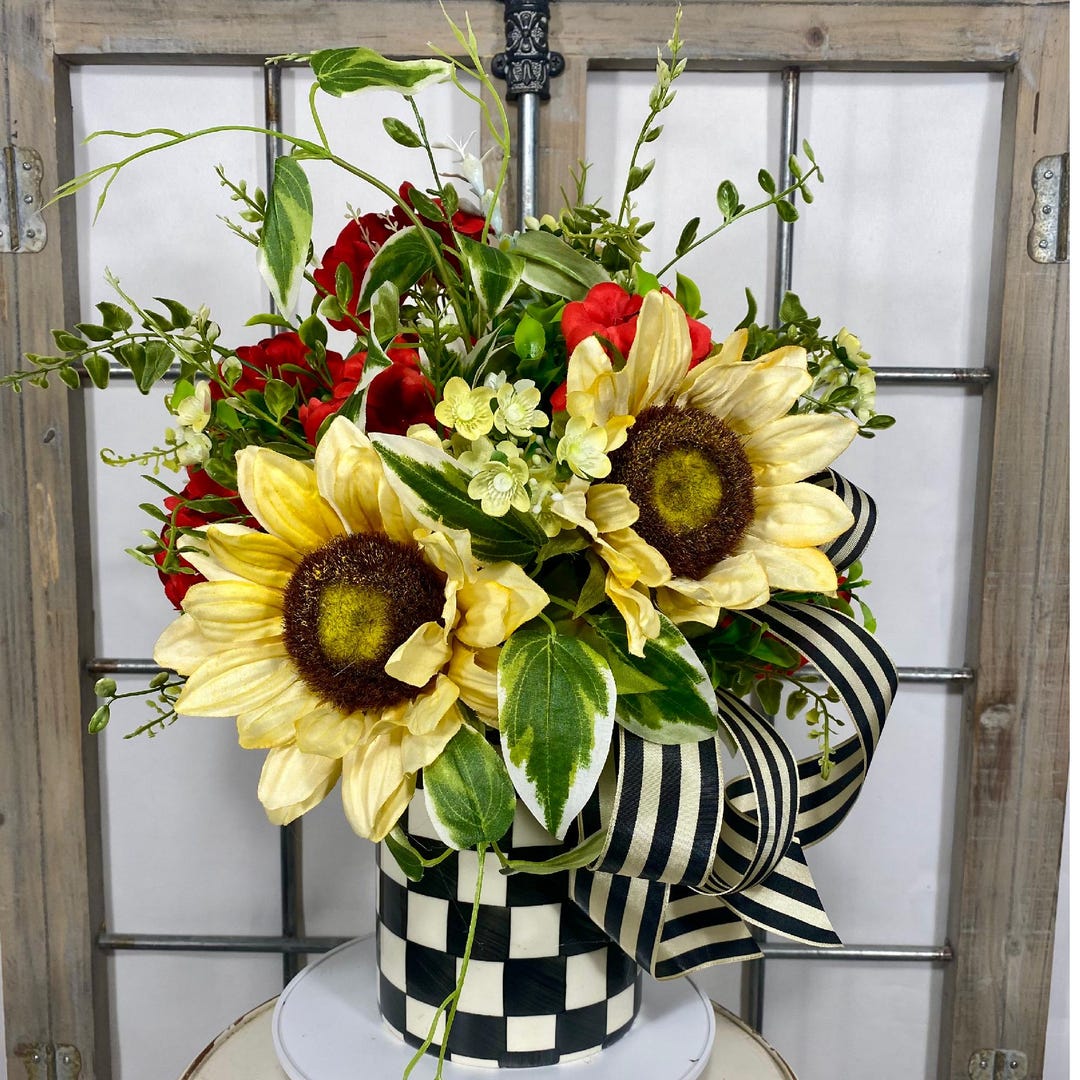 Sunflower Geranium Centerpiece: Black & White Check Canister, Farmhouse ...