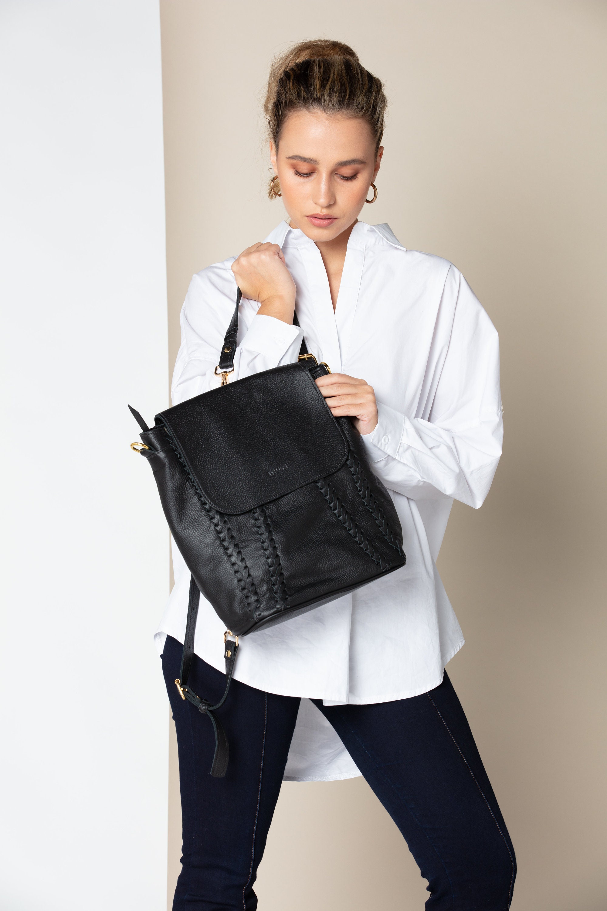 Convertible Backpack Purse Black Leather Crossbody Boho - Etsy