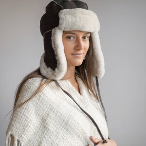Sheepskin Leather Russian Shearling Winter Hat Brown Vintage Aviator ...