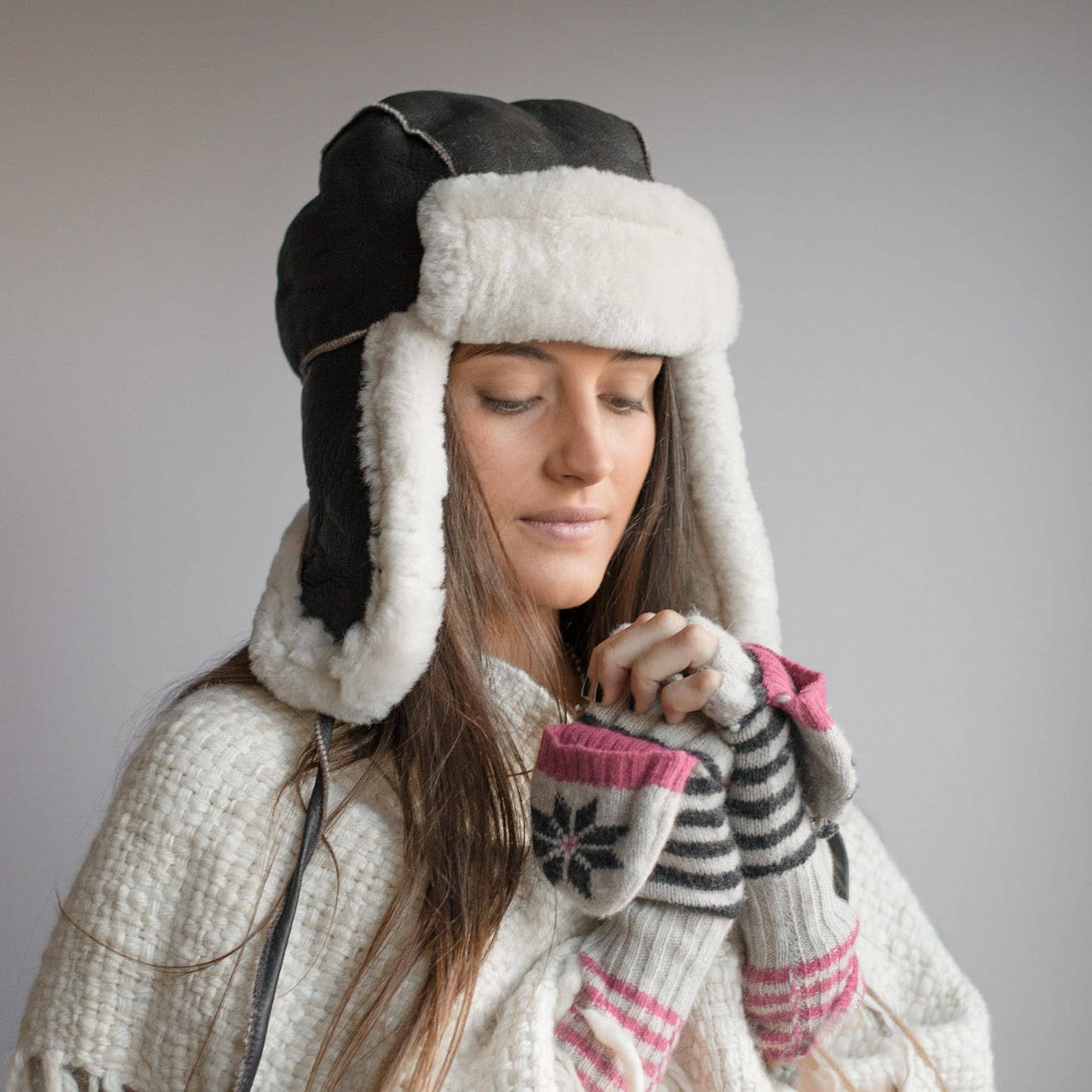 Sheepskin Leather Russian Shearling Winter Hat Brown Vintage Aviator ...