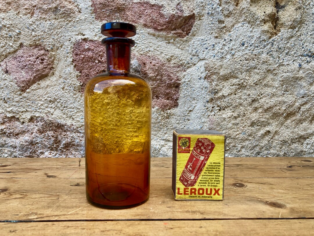 Amber Glass Pharmacy Apothecary Bottles Glass Cap Antique French ...