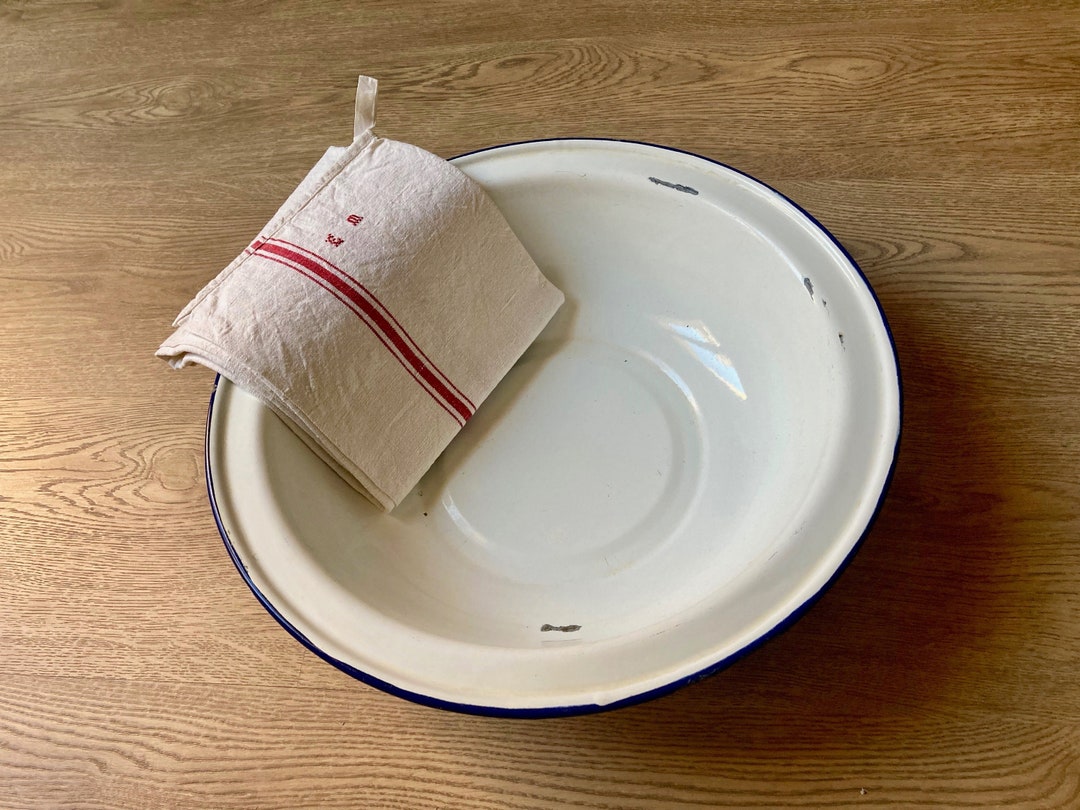 Basin White Enamel Basin Blue Border Old French Vintage Enamelled Basin ...