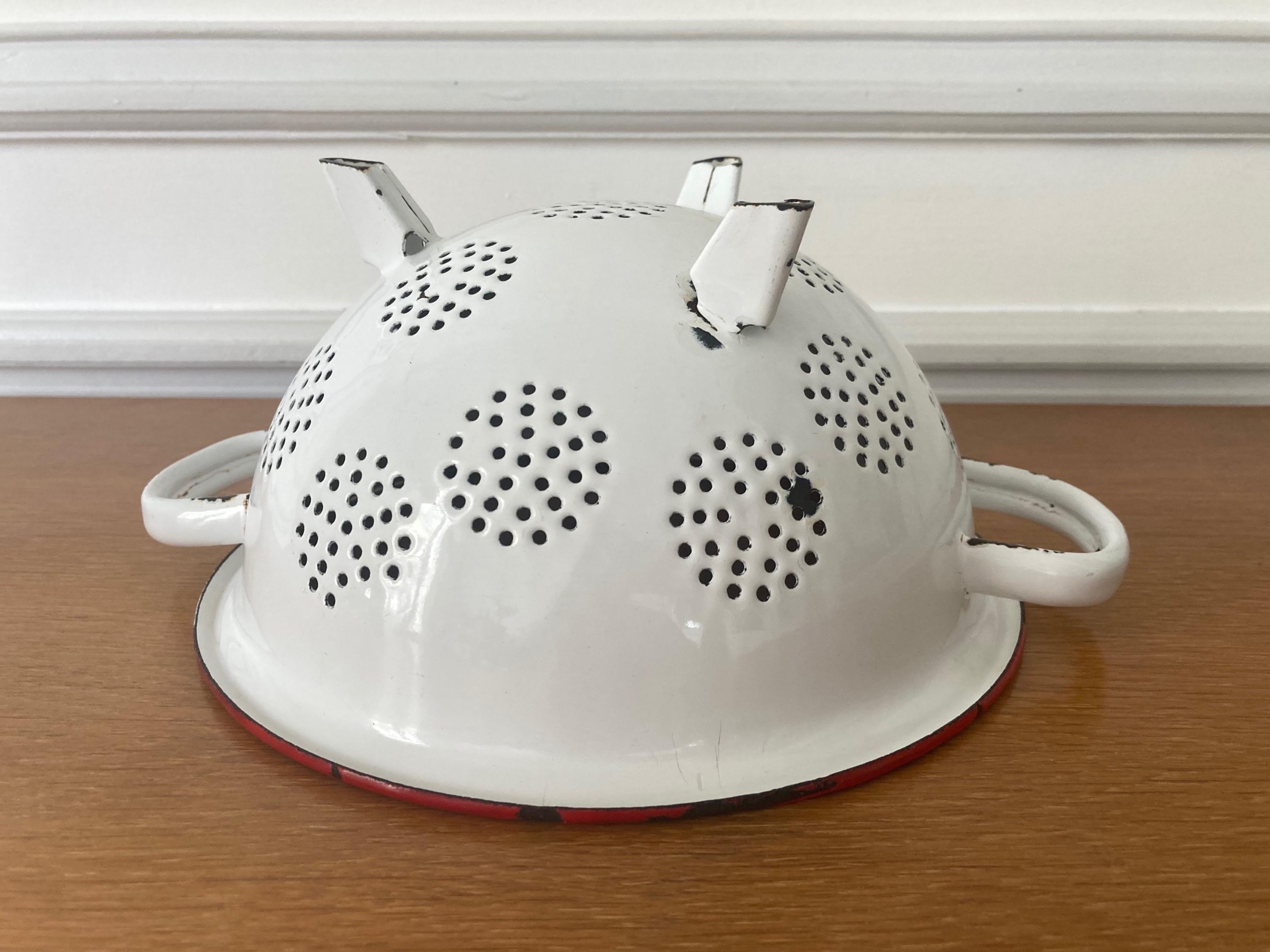 Vintage French White Enameled 3-legged Colander With Blue Enameled ...