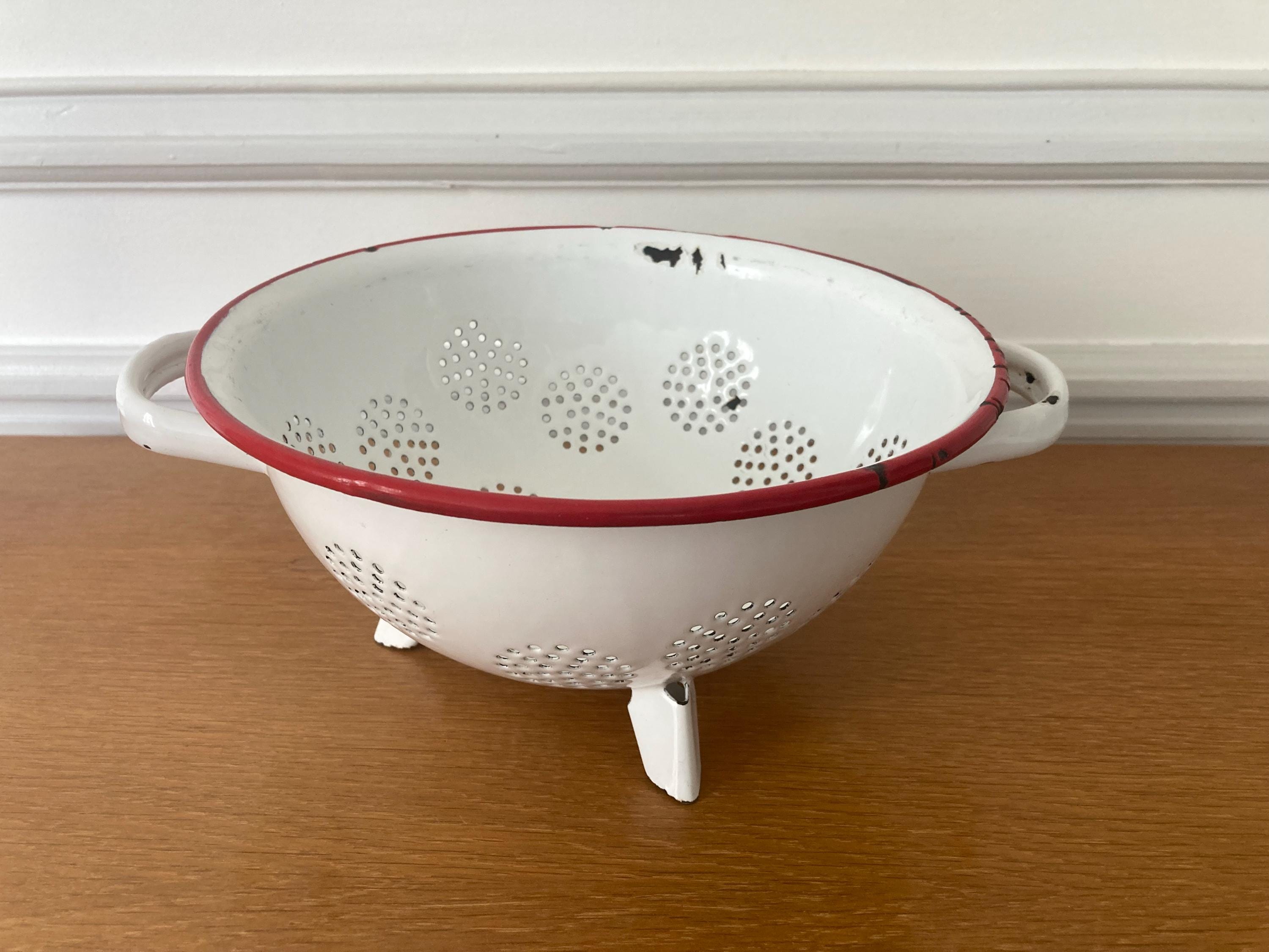 Vintage French White Enameled 3-legged Colander With Blue Enameled ...