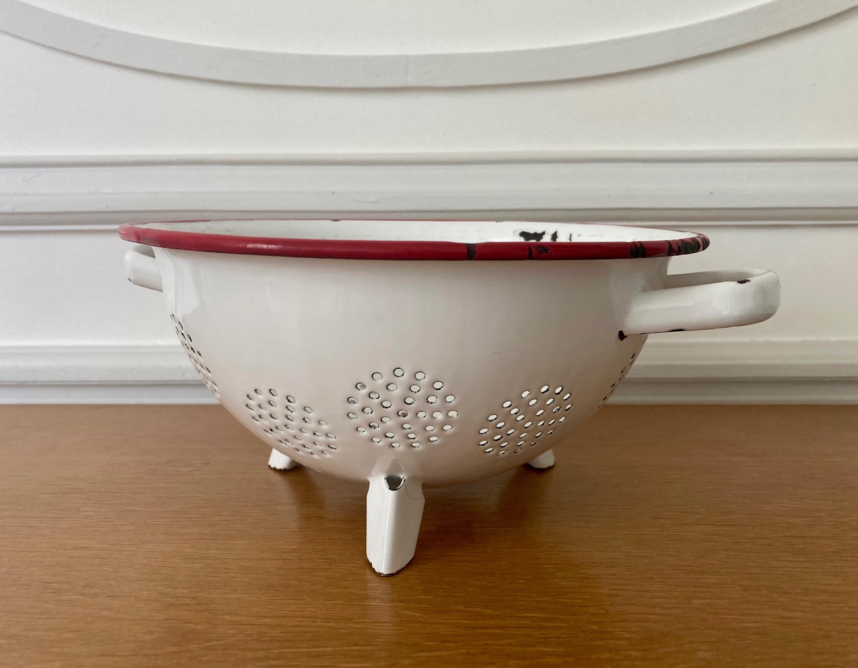Vintage French White Enameled 3-legged Colander With Blue Enameled ...