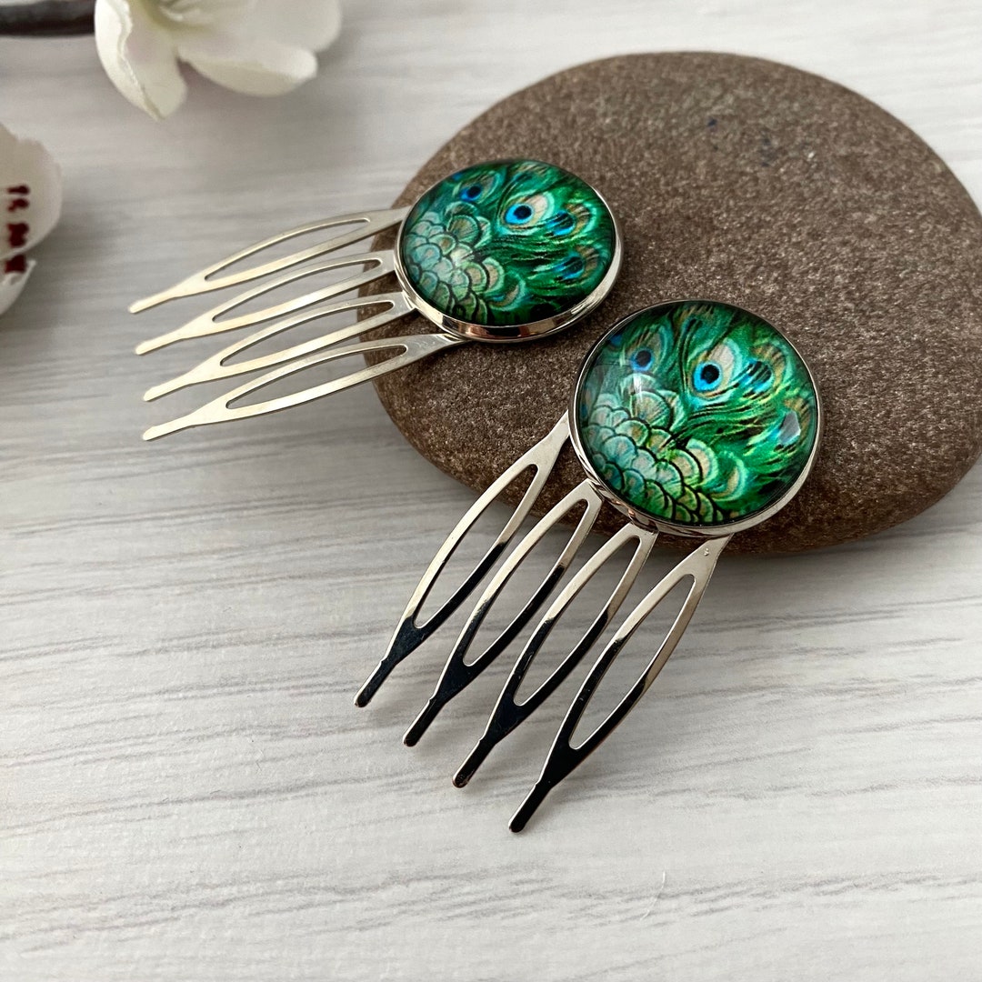Emerald Green Hair Comb Set, Small Hair Combs for Thin Hair, Peacock ...