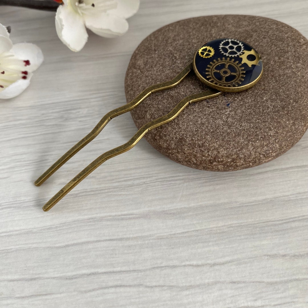 Steampunk Metal Bun Pin or Hair Fork With Cogs and Gears, Gift for ...