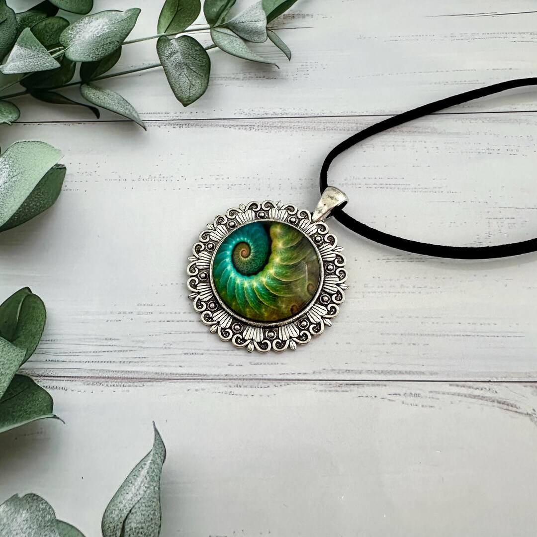 Emerald Green Ammonite Necklace: Fossil Print Cabochon Pendant on Vegan ...