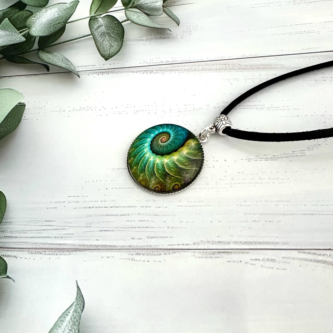 Emerald Green Ammonite Fossil Print Necklace: Stainless Steel Cabochon ...