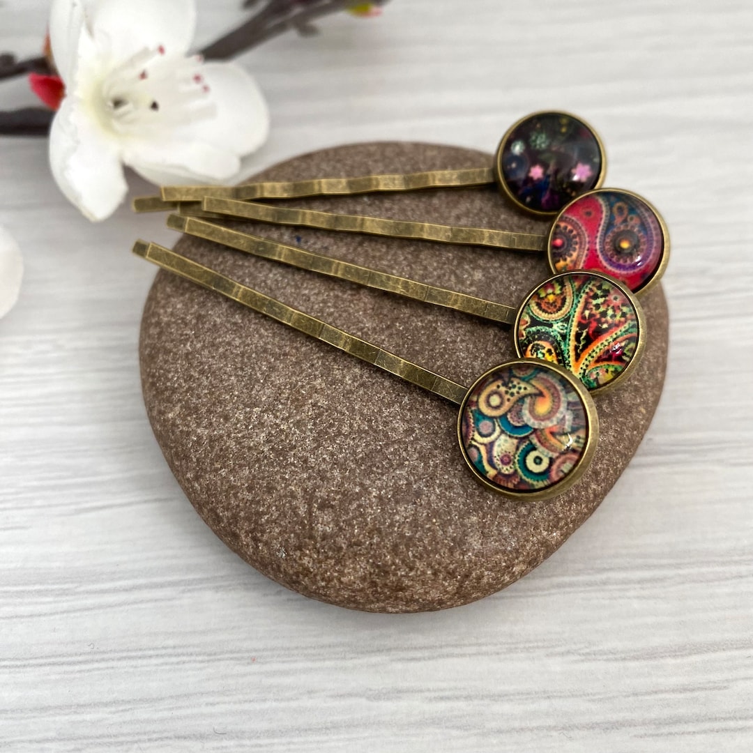 Red Bohemian Hair Grips With Paisley Pattern, Colourful Boho Bobby Pins ...