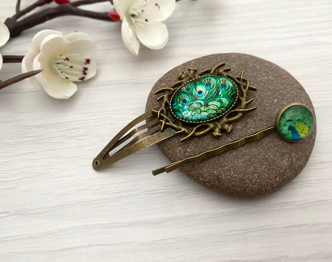 Emerald Green Peacock Feather Snap Grip Set Hair Clips for - Etsy