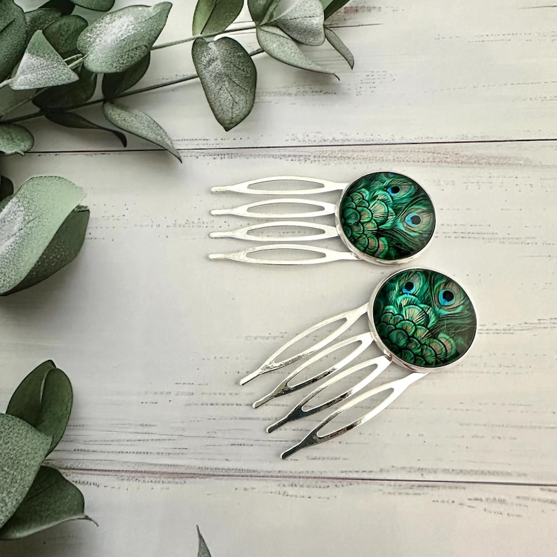Emerald Green Peacock Feather Hair Comb Set: Small Hair Slides - Etsy