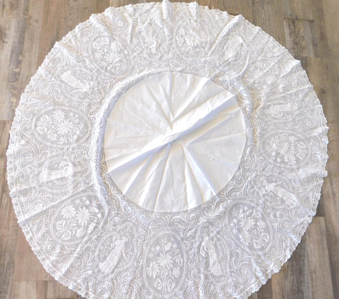 Vintage French Lace Round Tablecloth: 1920s Handmade Trim, 45" Diameter ...