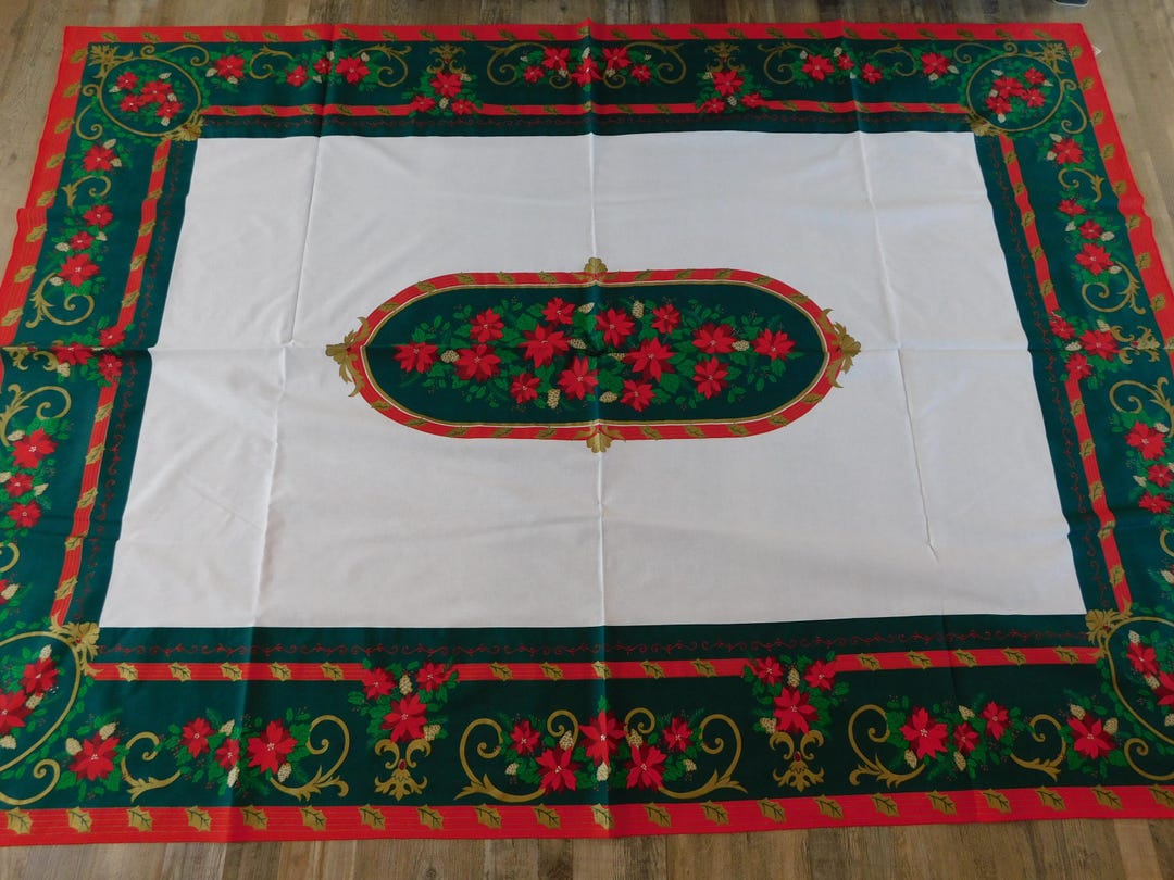 Vintage Rectangular 80's Christmas Tablecloth Red Green Holly Christmas ...