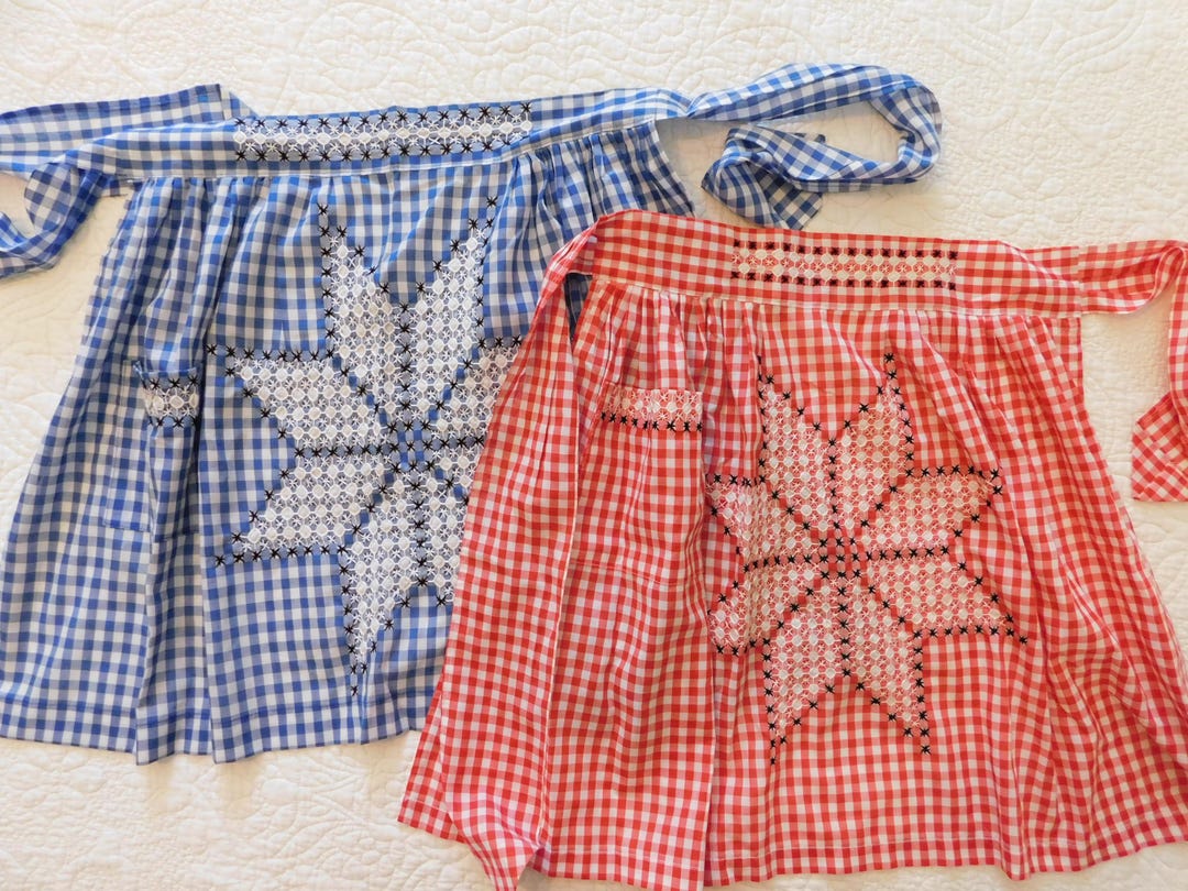 Pair of Vintage Red and Blue Gingham Checked Aprons Hand Embroidered ...