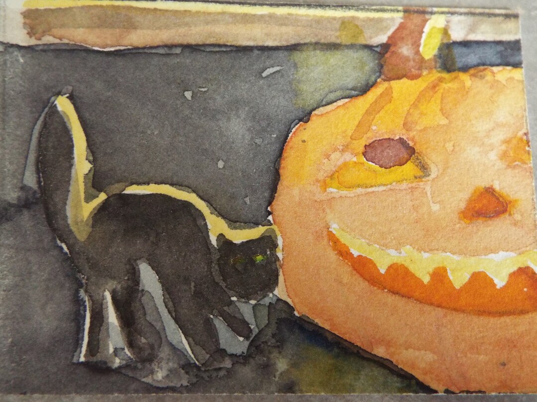 ACEO Black Cat Halloween Watercolor Trading Card - Etsy