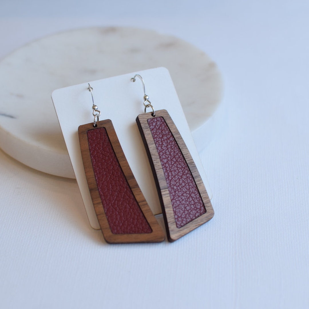 Maroon Wood Leather Flare Earrings, Leather Earrings, Lightweight ...