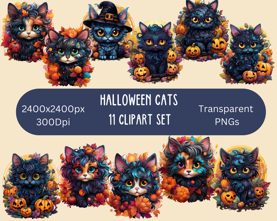 Halloween Cats Clipart Set Cute Black Cats With Pumpkins - Etsy