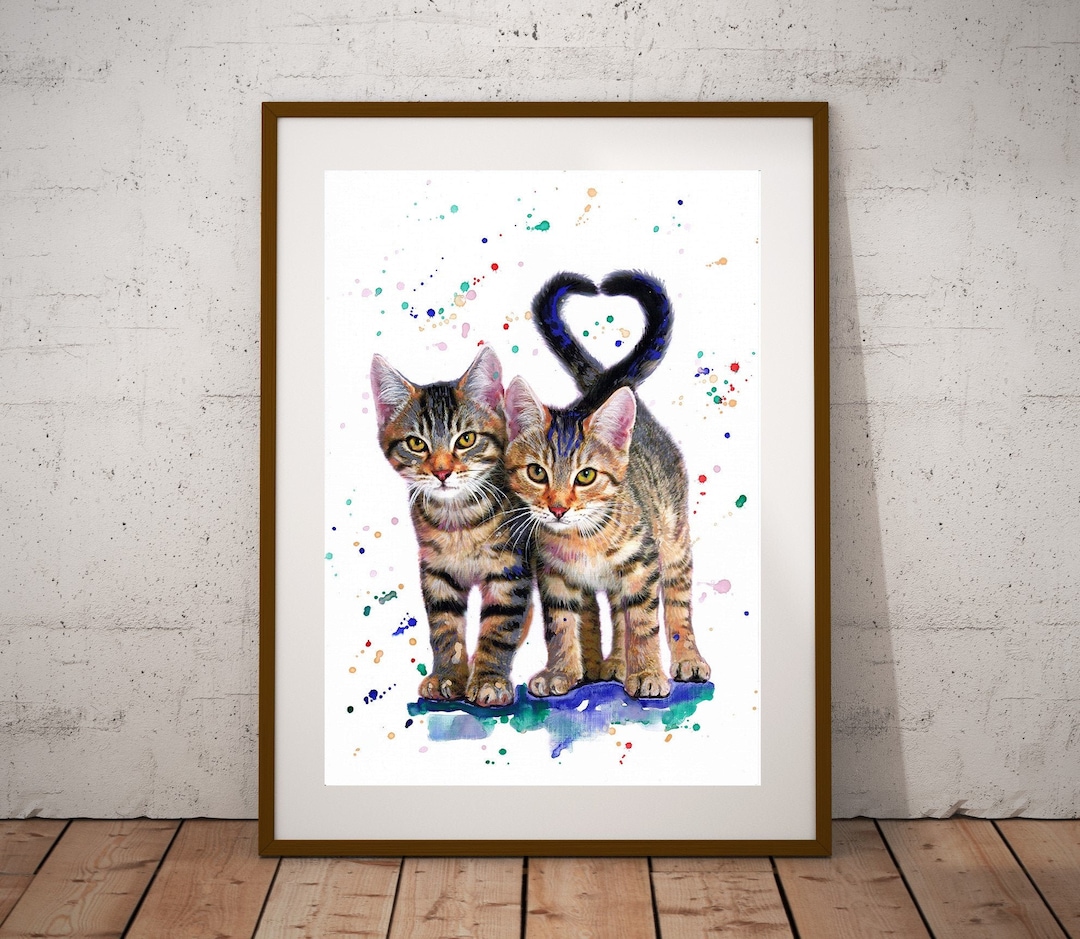 2 Cats Print, Cat Poster, Handmade, Art Print, Drawing, Cats in Love ...