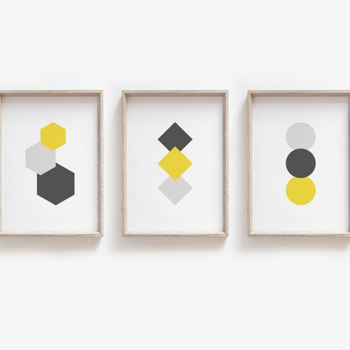 GEOMETRIC Set of 3 YELLOW & Grey Art Prints Tropical LEAVES | Etsy