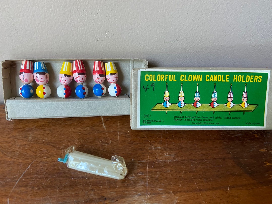 Clown Birthday Candle Holders, Mid Century Wooden Cake Decorations ...