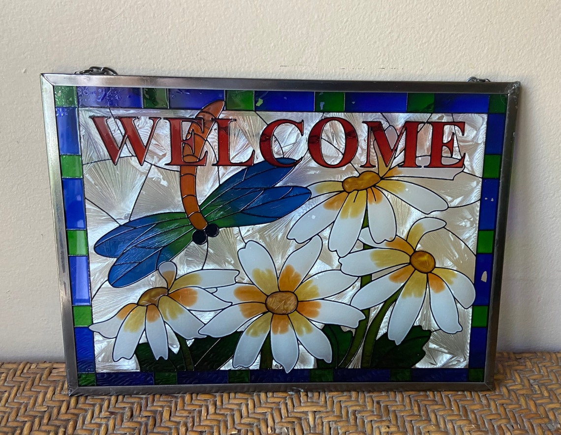 Stained Glass Window Hanging Daisy Sun Catcher Welcome Sign - Etsy