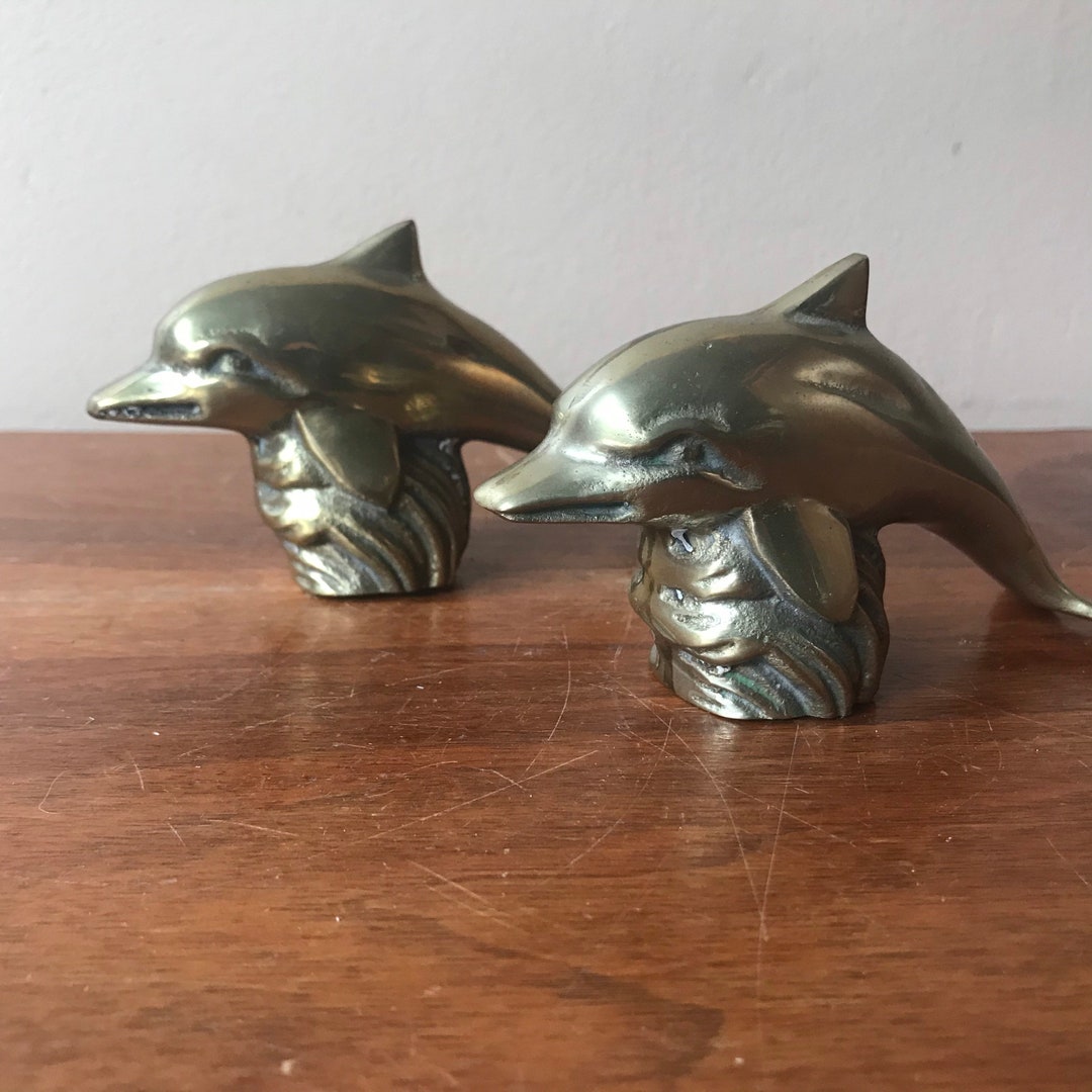 Brass Dolphin Figurines, Vintage Brass Bookends, Paperweights, Brass ...
