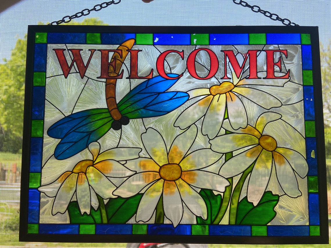 Stained Glass Window Hanging Daisy Sun Catcher Welcome Sign - Etsy