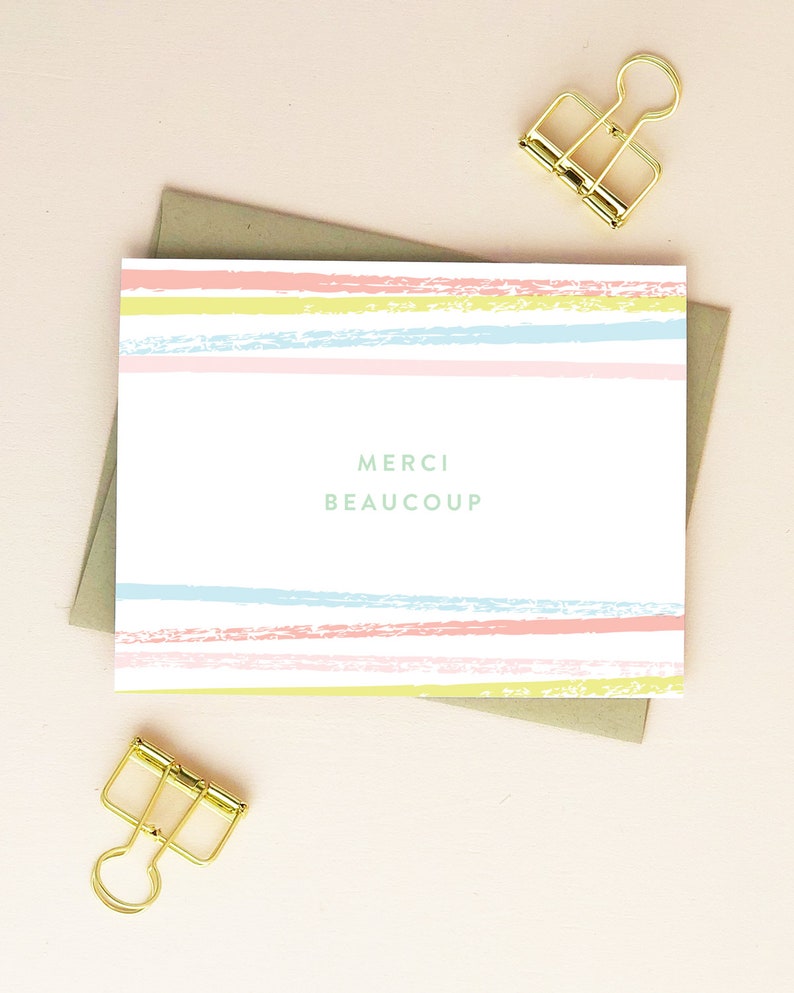 Stylish Pastel Striped Merci Thank You Note Card - Etsy