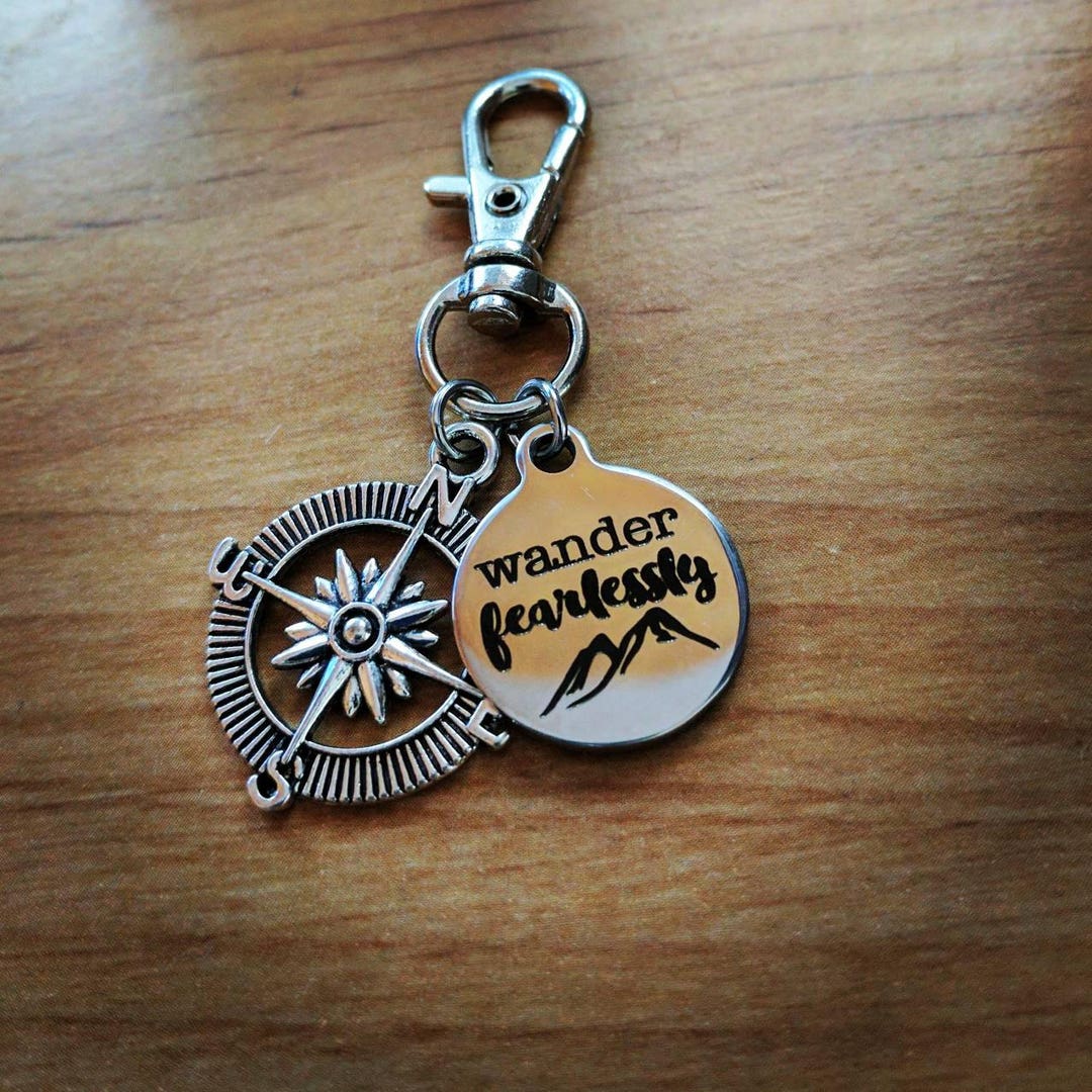 Wander Fearlessly Stainless Steel Silver Keychain With Compass Charm ...