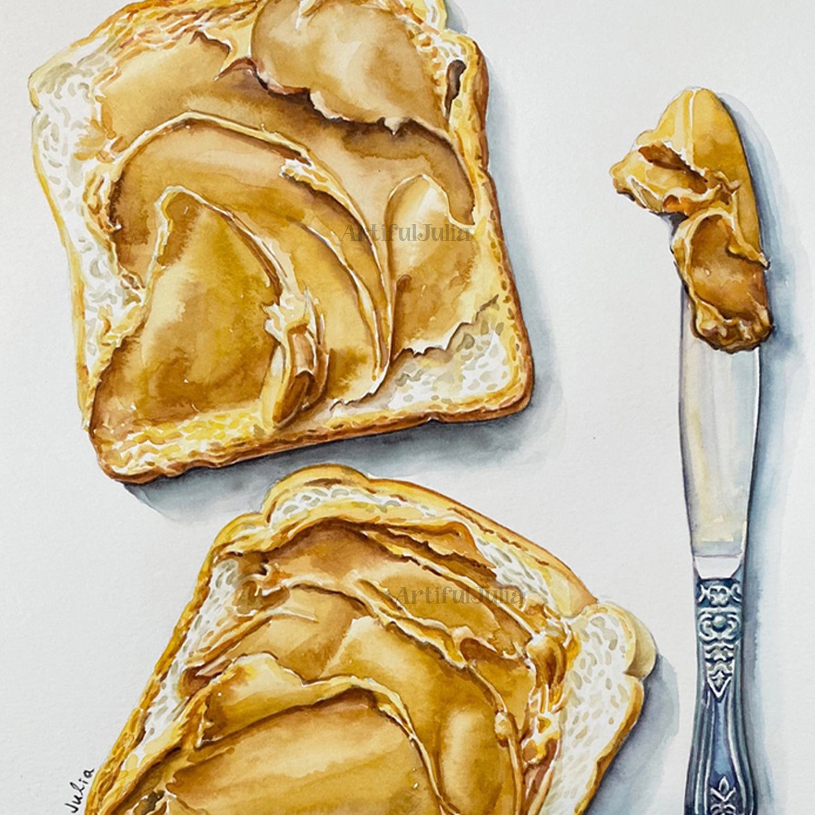 Original Watercolor Painting Toast With Peanut Butter Food - Etsy