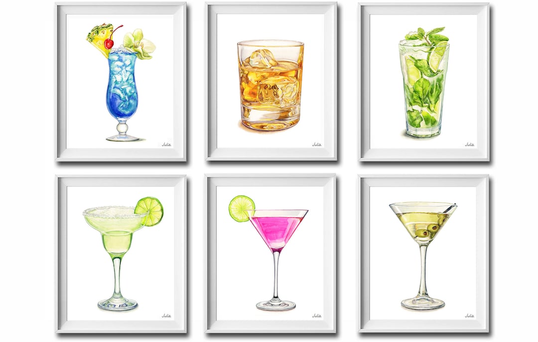 Cocktail Art Print Set Watercolor Painting Cocktail Kitchen Wall Art ...