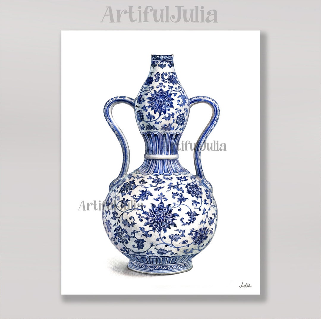 Blue and White Chinoiserie Art Chinese Vase Willow Style Poster Blue ...