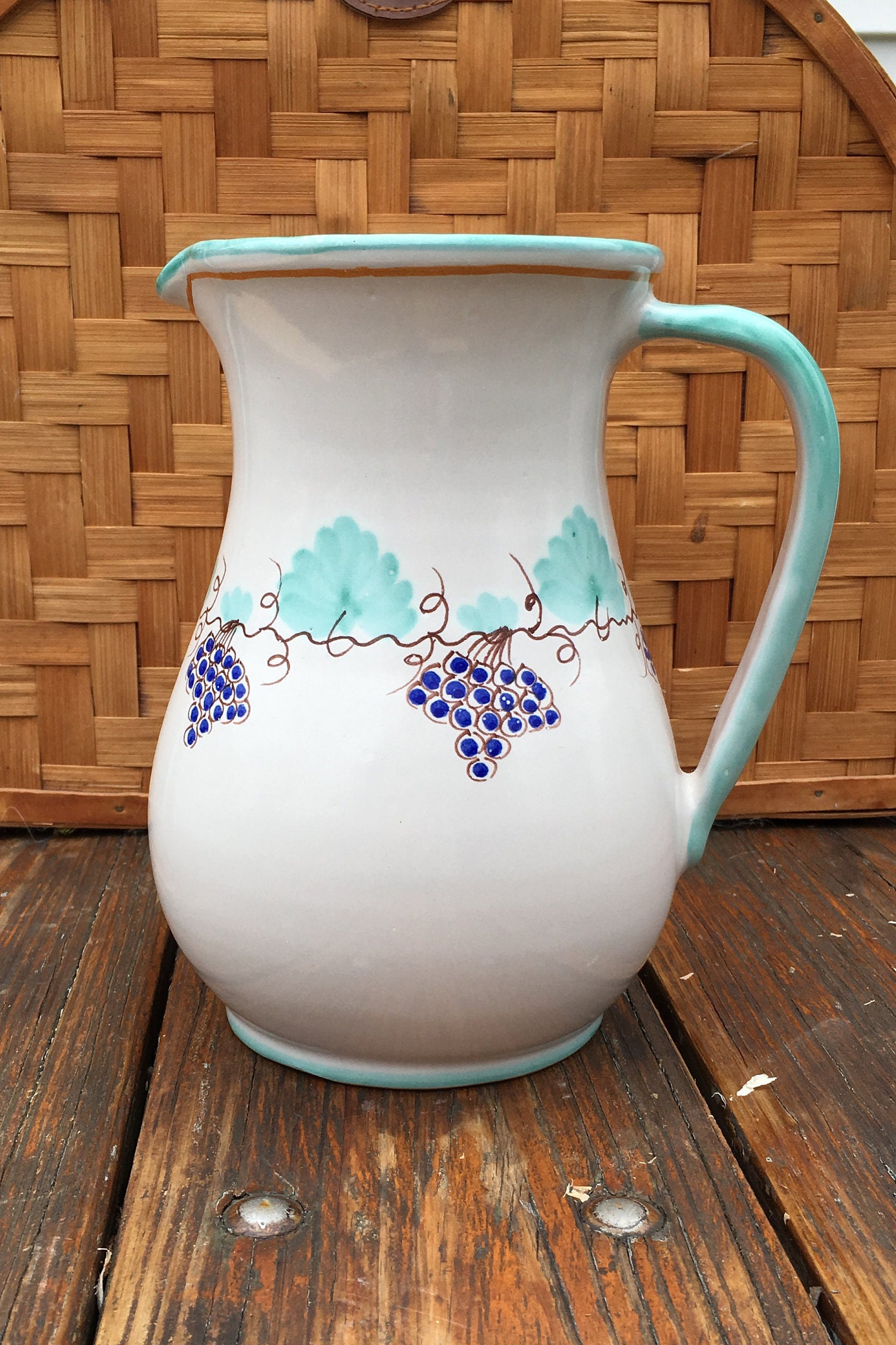 Ceramic pitcher grapes and grape leaves design and hand signed Rifa ...