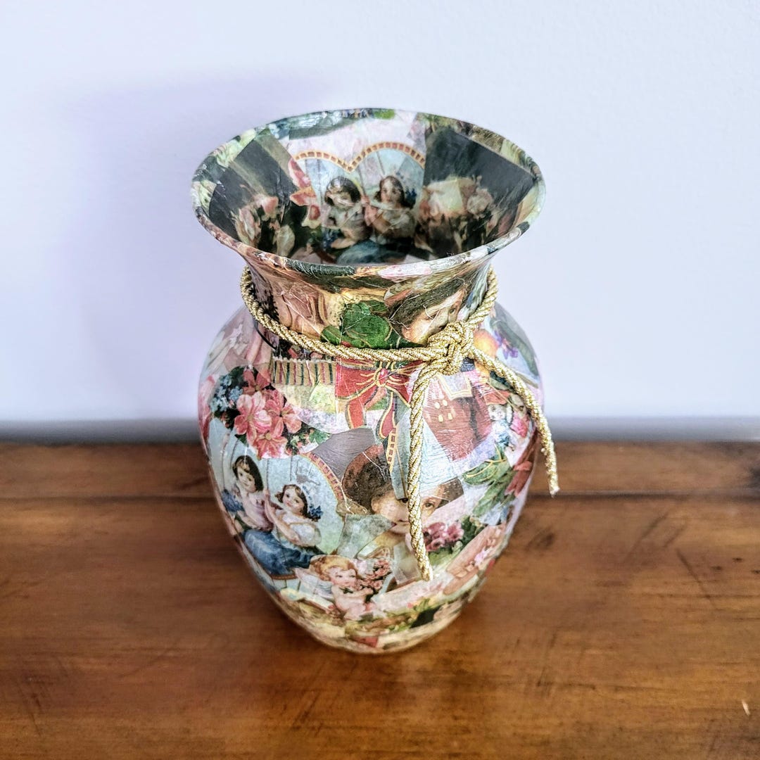RARE Find/vintage Collage Art Victorian Paper on Glass Vase/collectible ...