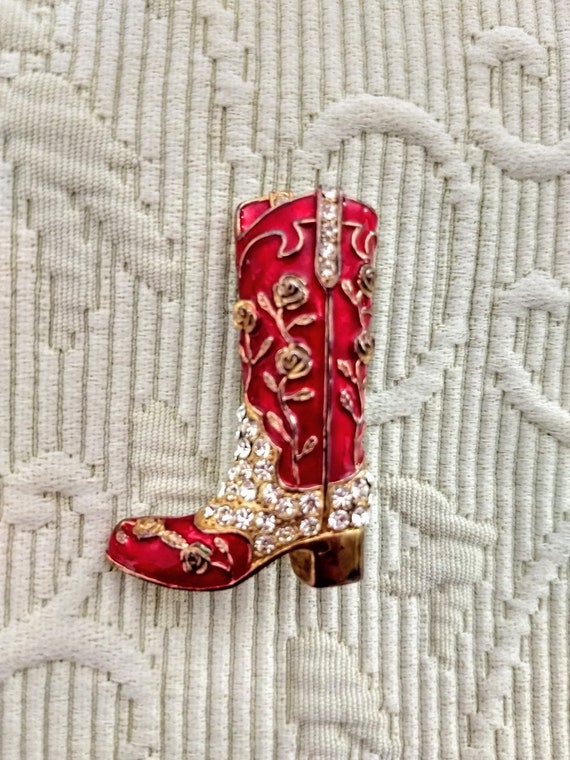 Vintage Sparkling Red Western Boots Brooch/Gold Metal… - Gem